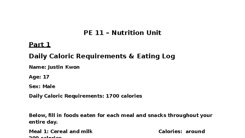 PE 11 Nutrition Unit: Daily Caloric Log & Food Label Analysis - Studocu