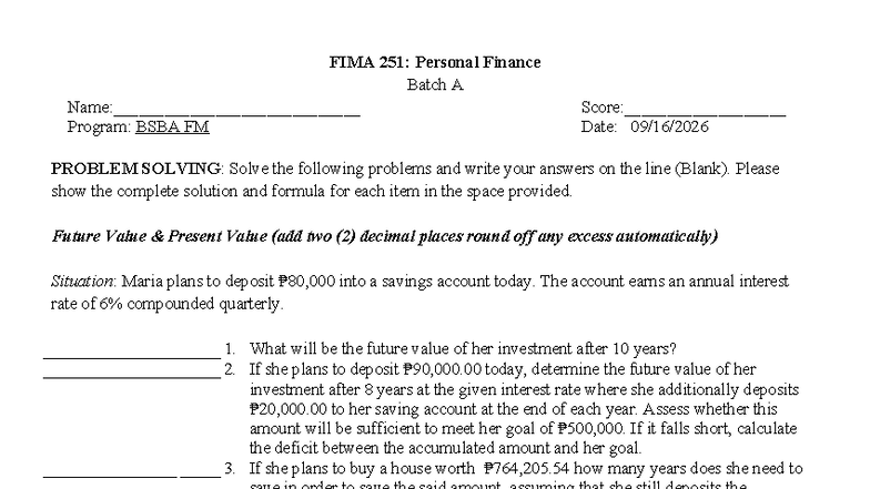 FIMA 251: Personal Finance Problem Solving Module - Chapter II - Studocu