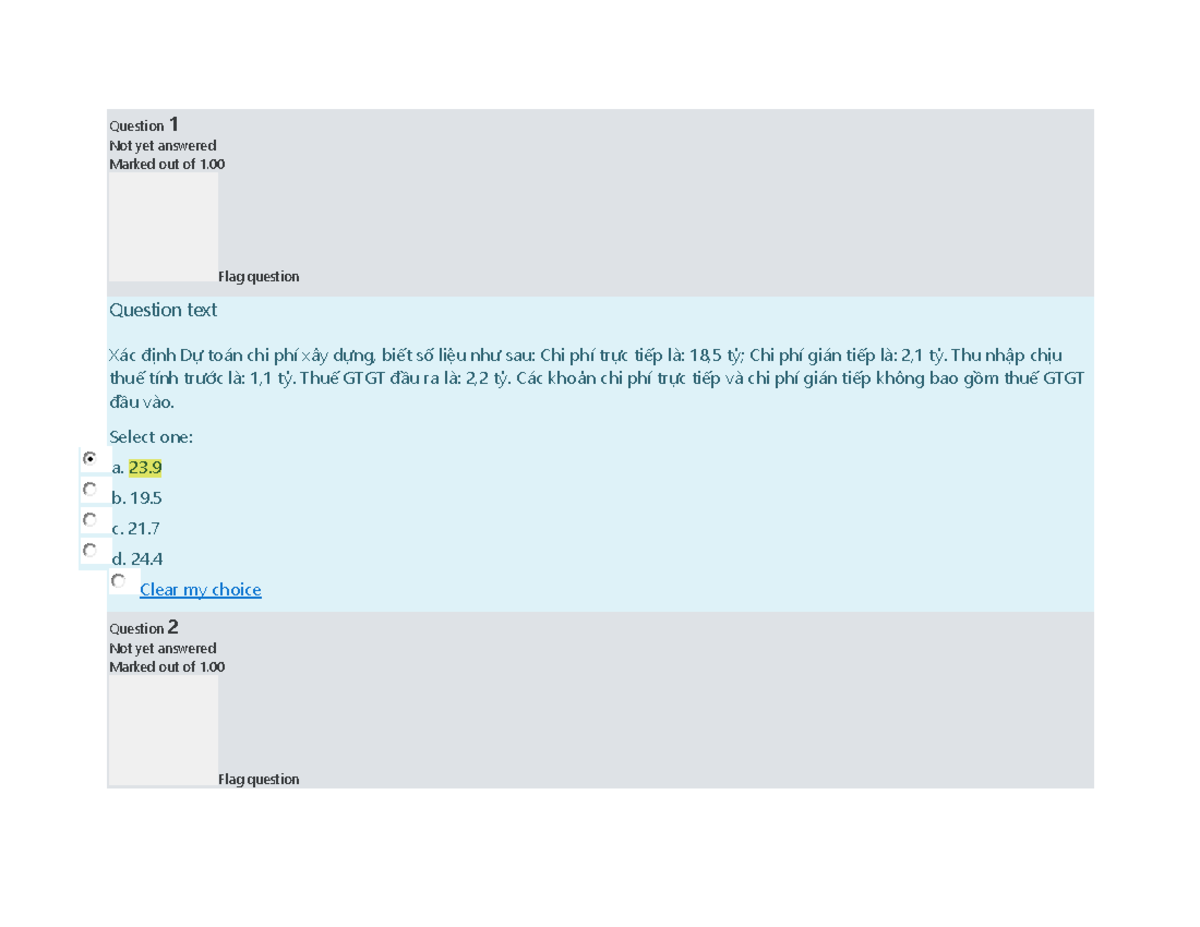 Đề 1 ktxd - ĐỀ THI - Question 1 Not yet answered Marked out of 1. Flag question Question text ...