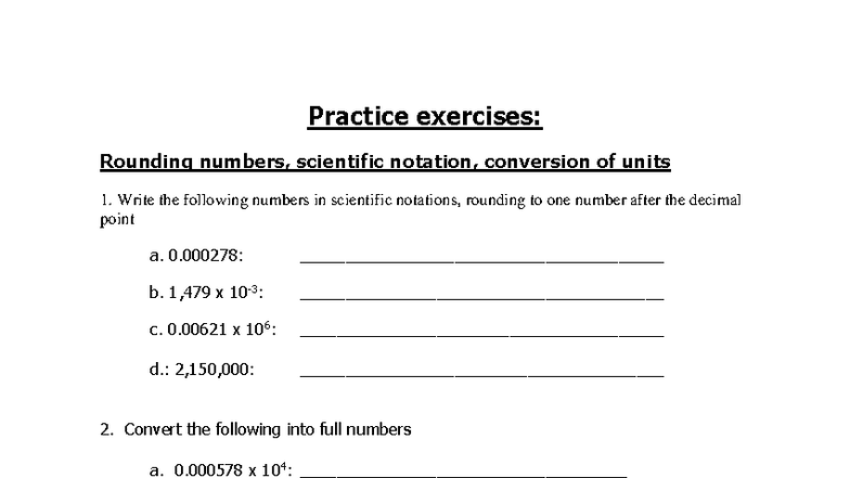Practice Exercises: Rounding, Scientific Notation, & Unit Conversion - Studocu