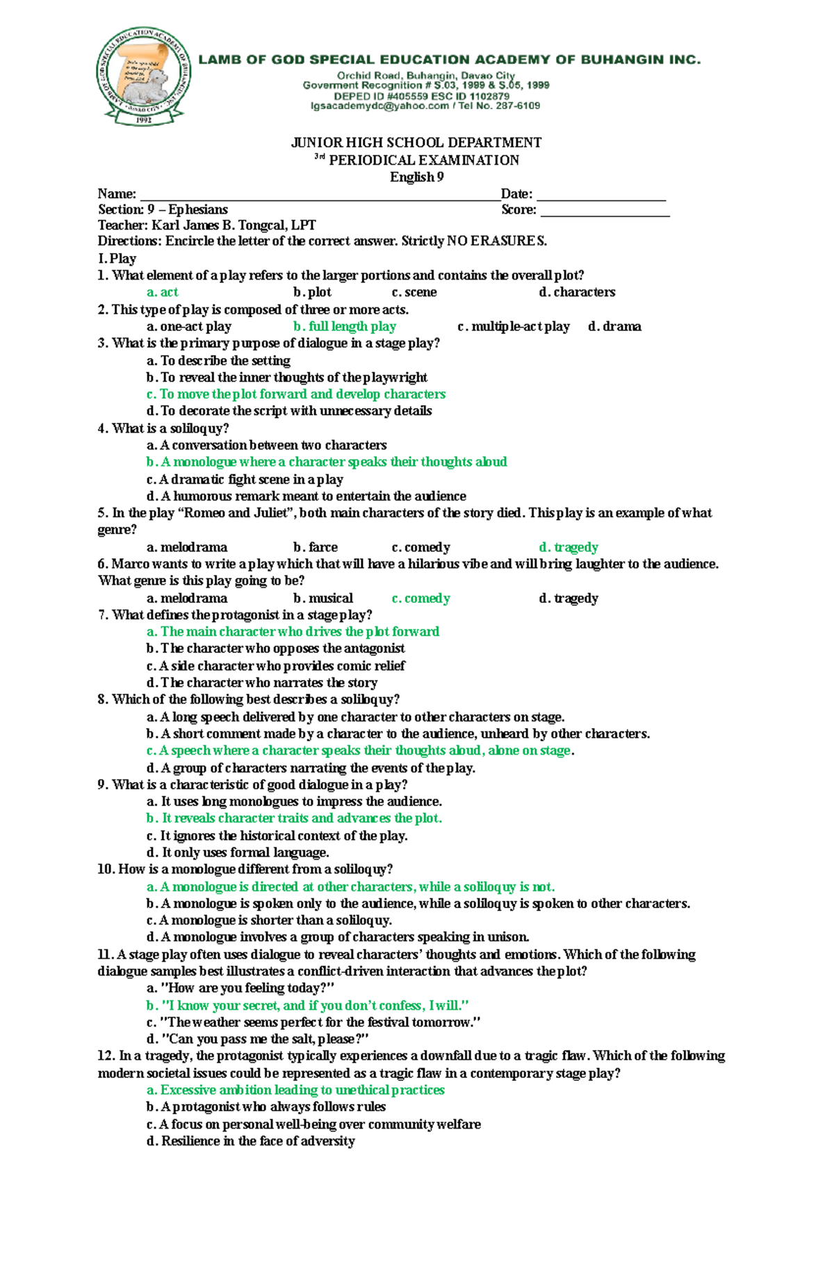English 9 3rd Periodical Examination - JUNIOR HIGH SCHOOL DEPARTMENT ...
