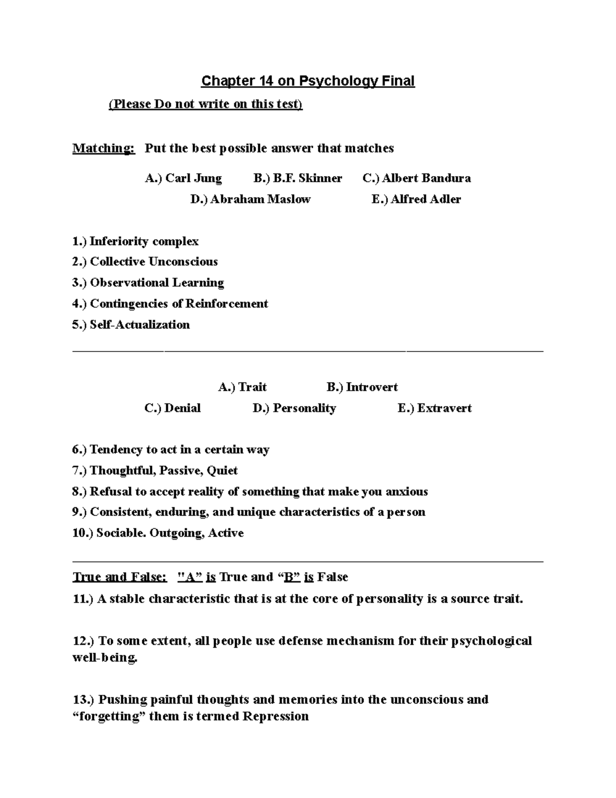 Chapter 14 Psychology Final Exam Review: Key Concepts & Matching - Studocu