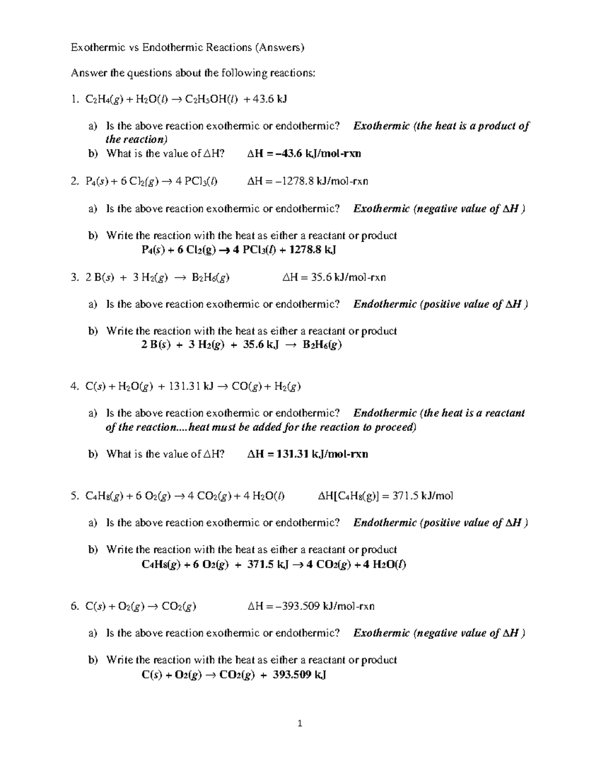 Exothermic vs Endothermic Reactions Worksheet (Answers & Explanation ...