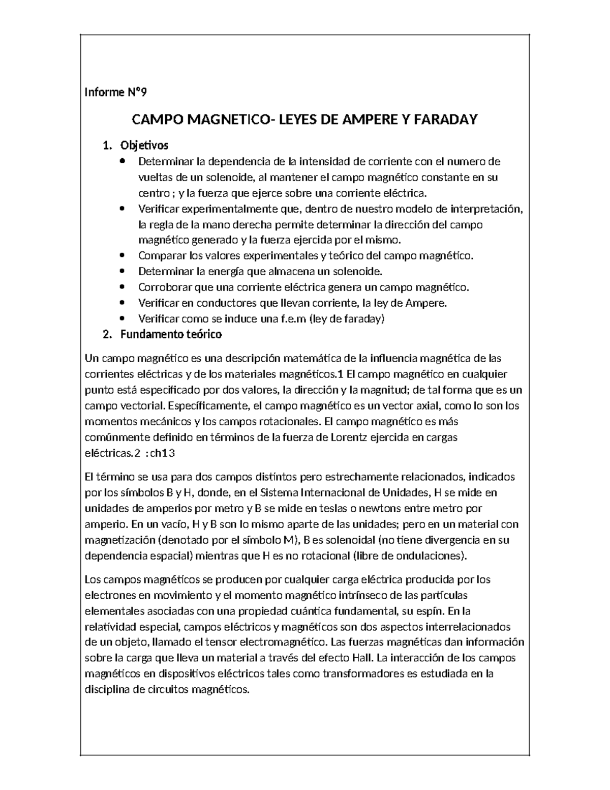 Informe Nº9: Leyes de Ampere y Faraday en Física 2 - Studocu