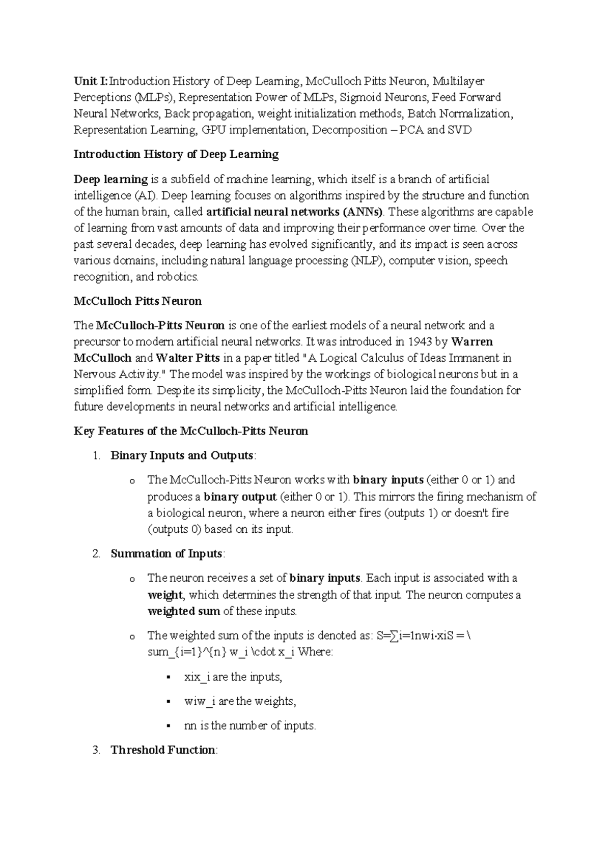 Deep Learning Notes (DL101): Foundations & Key Concepts - Studocu