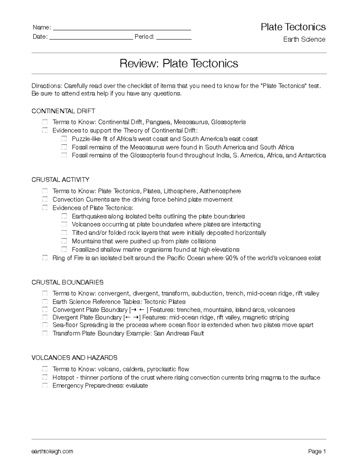 Review - Plate Tectonics - Directions: Carefully read over the ...