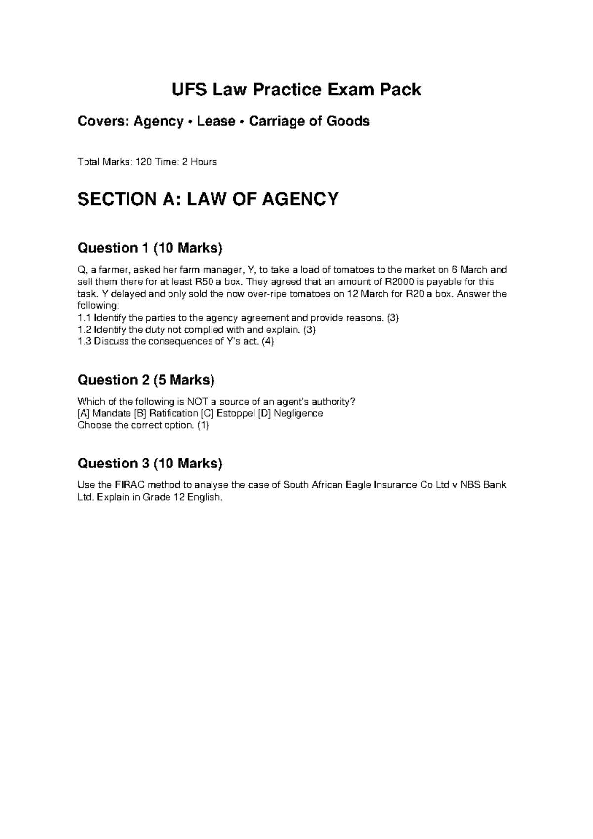 UFS Law Practice Exam Pack: Agency & Lease Concepts - Studocu