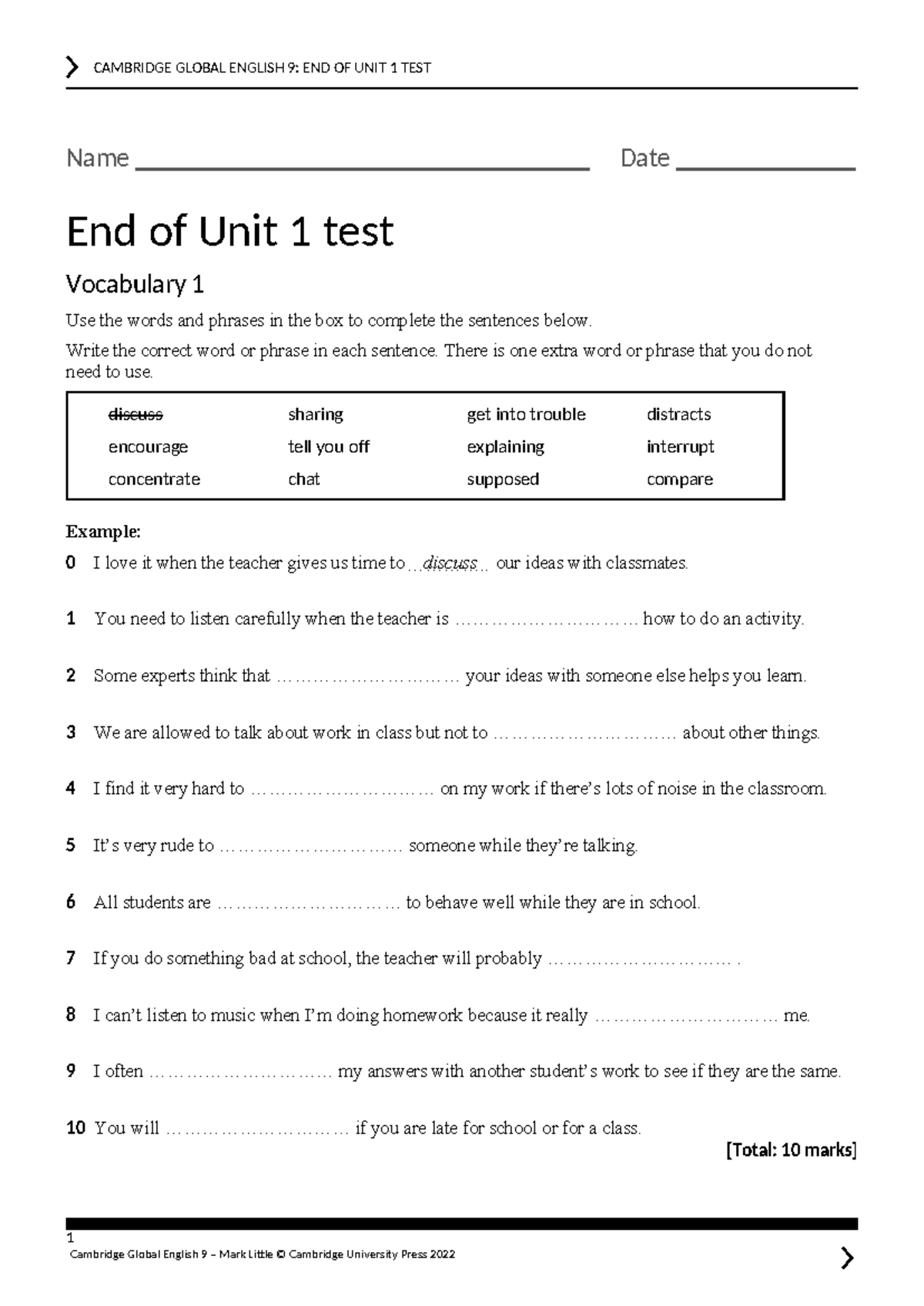 CAMBRIDGE GLOBAL ENGLISH 9: END OF UNIT 1 TEST Review - Studocu