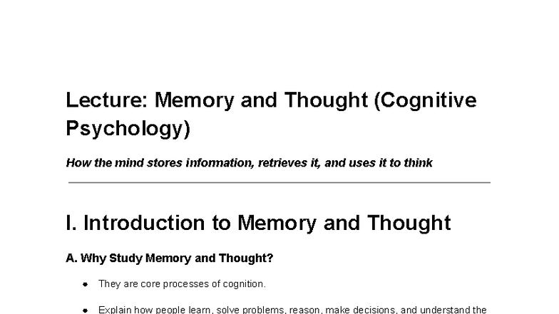 Lecture Memory and Thought (Cognitive Psychology) - Lecture: Memory and ...