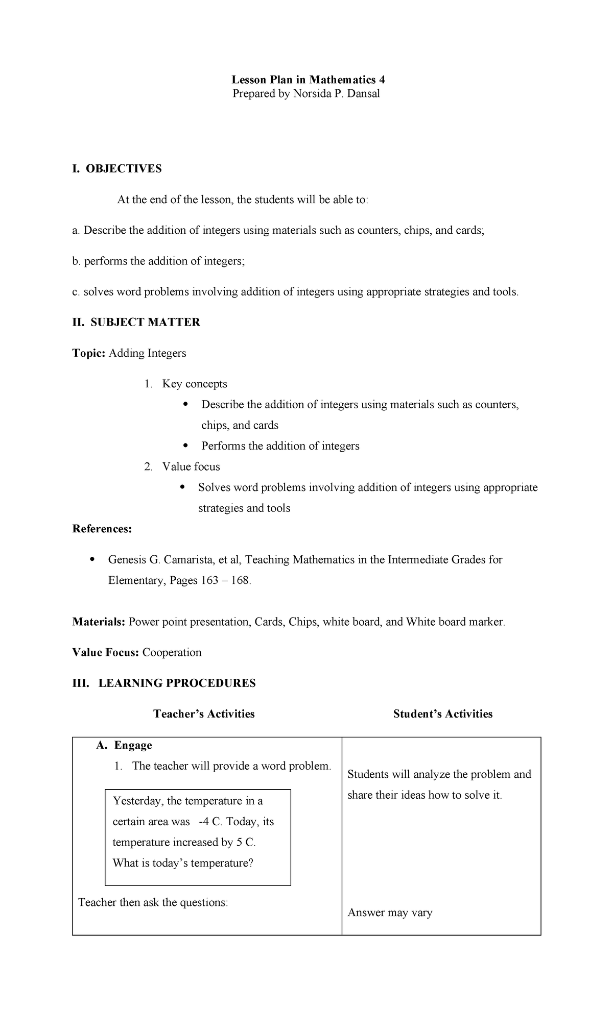 Math 114: 5E's Lesson Plan on Adding Integers - Studocu