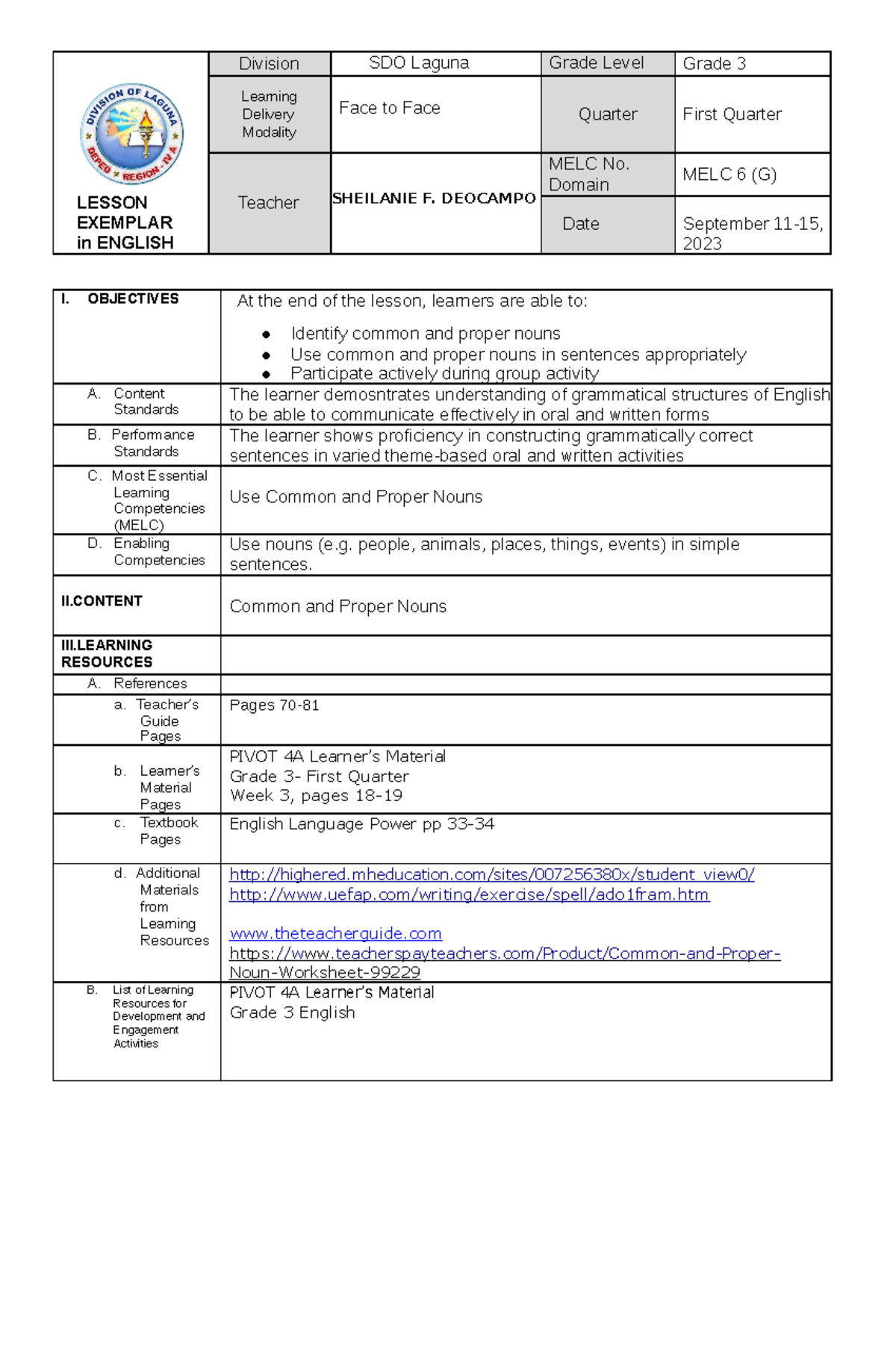 Q1 WEEK 3 - Lesson Exemplar - LESSON EXEMPLAR in ENGLISH Division SDO ...