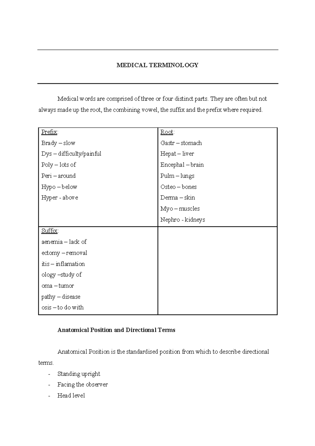 Medical Terminology - Lecture notes 1 - MEDICAL TERMINOLOGY Medical ...