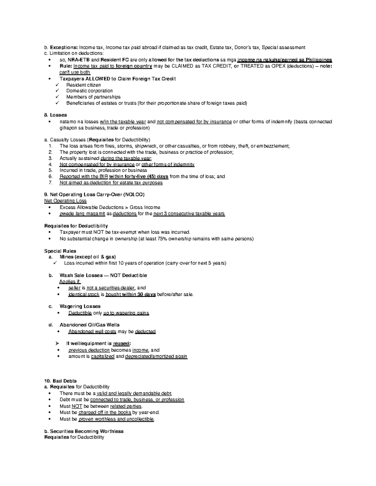 Taxation Notes: Income Tax, Deductions, and Losses Overview - Studocu