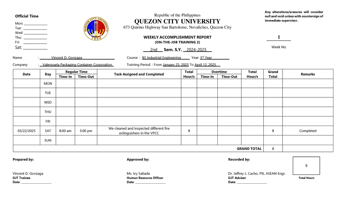 Weekly Accomplishment Report for OJT - BSIE 3rd Year (Jan-Apr 2025 ...