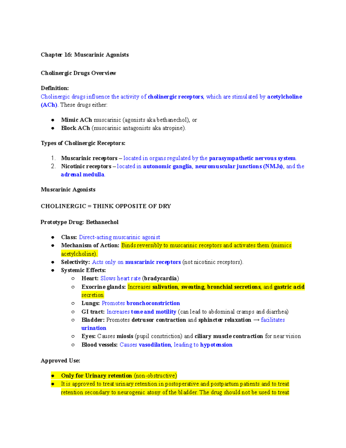 Pharm 101 Final Exam Notes: Cholinergic & Adrenergic Drugs Overview ...