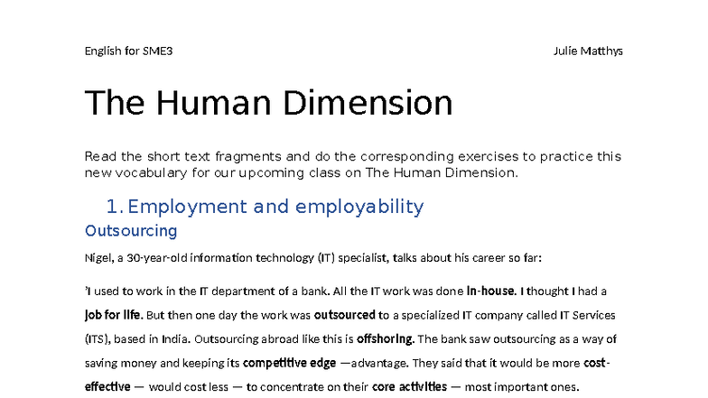 English for SME3 Julie Matthys - The Human Dimension Vocabulary ...