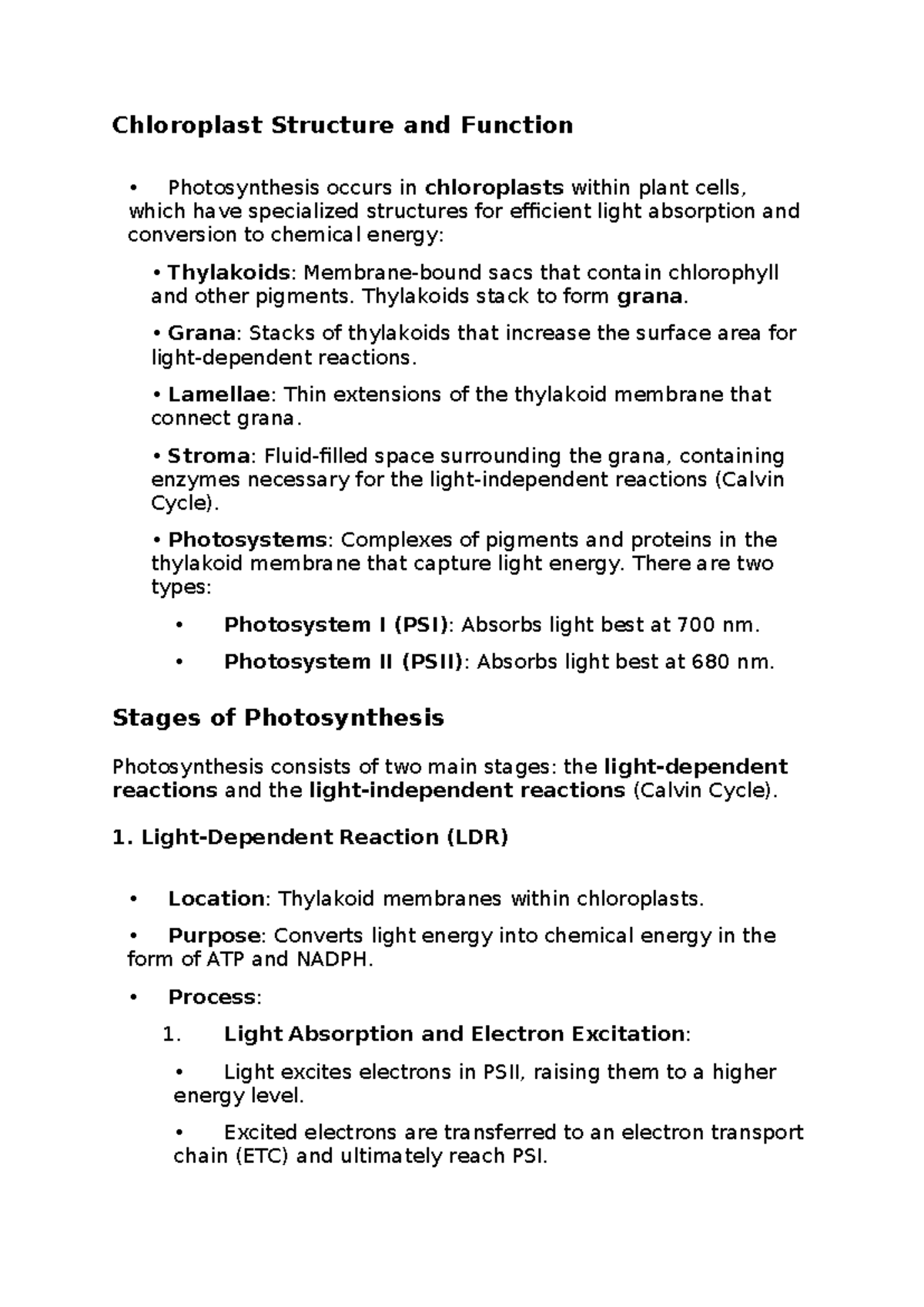 Document (1) 2 - Notes on biology - Chloroplast Structure and Function ...
