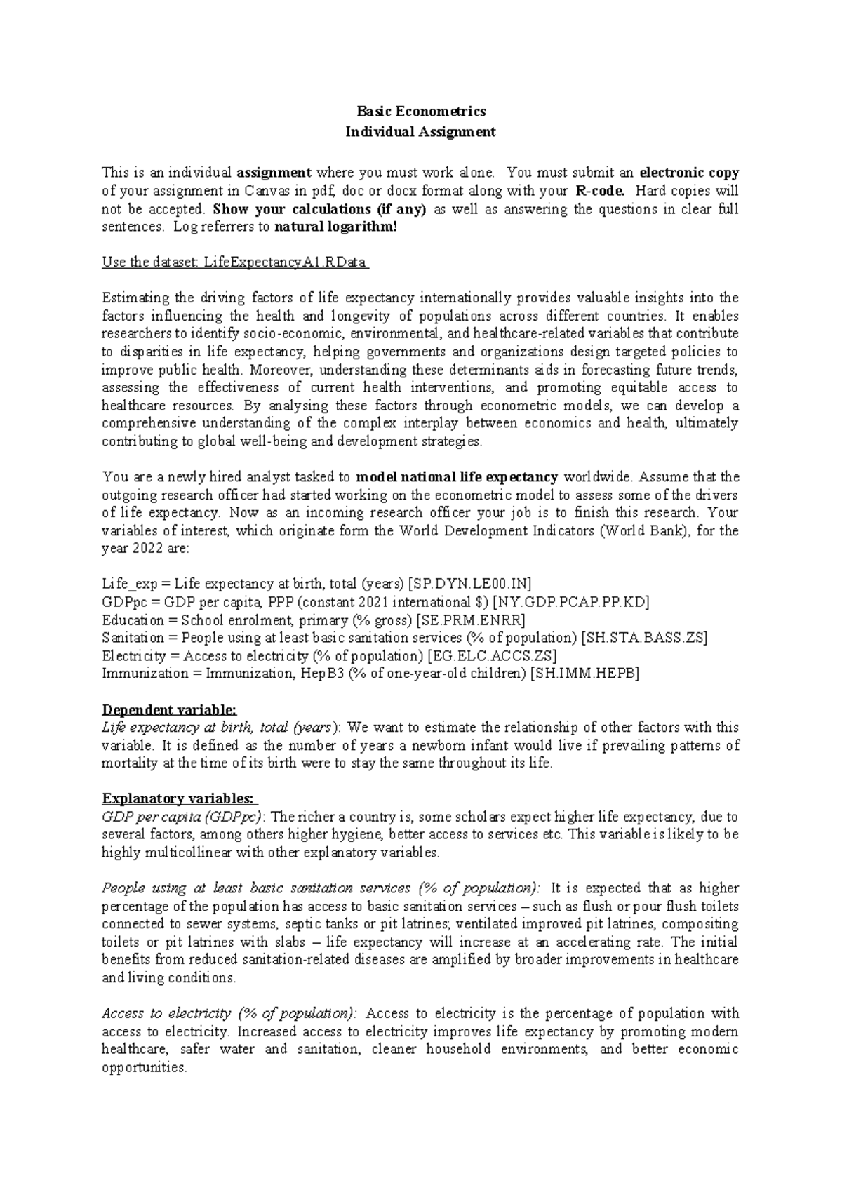 Indiv Assignment: Econometric Analysis of Life Expectancy (ECON1066 ...