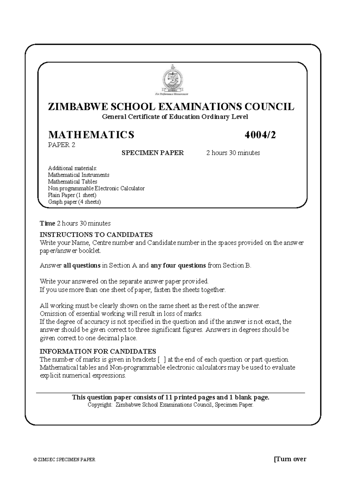 ZIMSEC O-Level Mathematics Paper 2 Specimen Exam 2020 Guide - Studocu