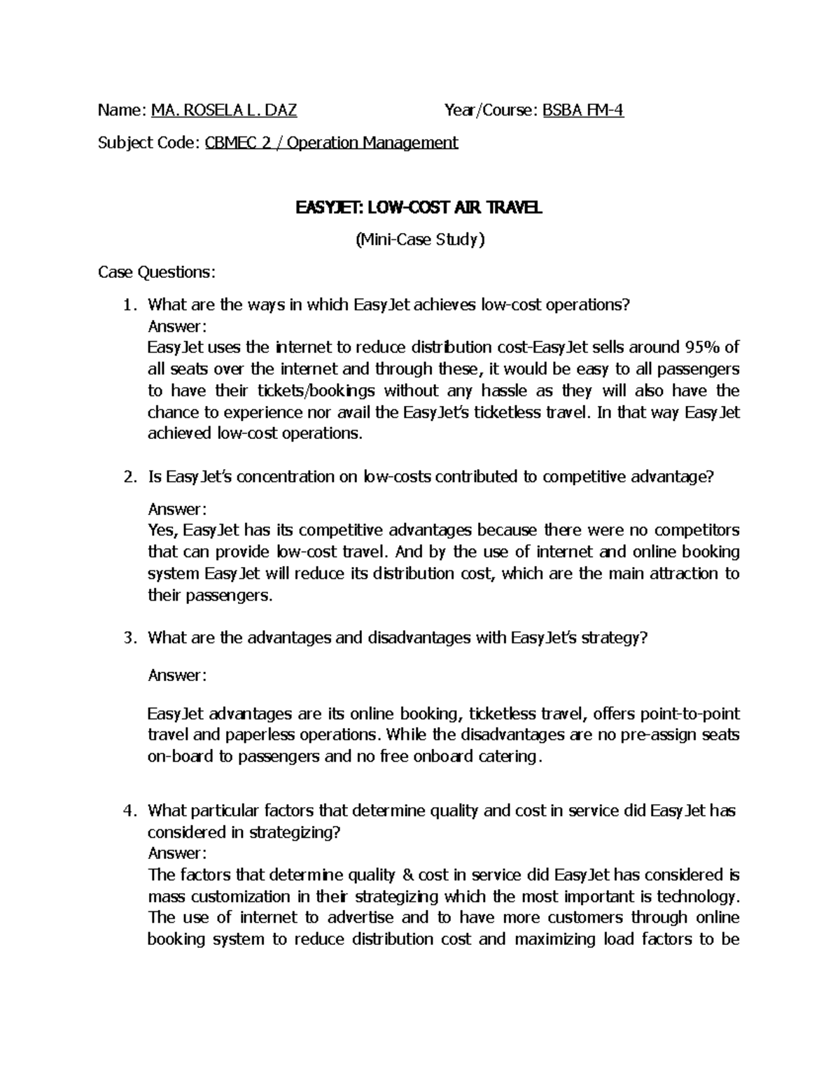 CBMEC 2 Mini-Case Study: Analyzing EasyJet's Low-Cost Strategy - Studocu