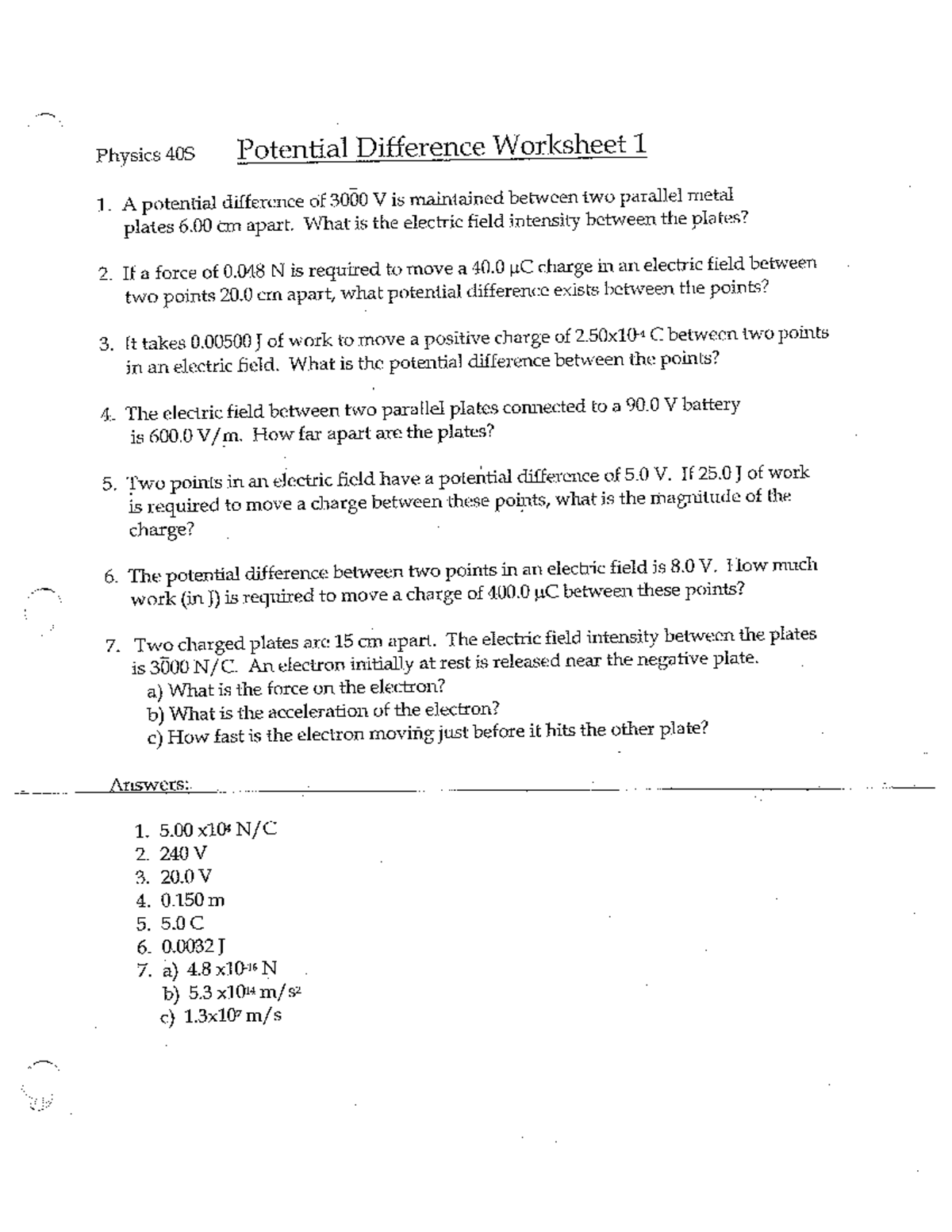 Physics 40S Potential Difference Worksheet 1: Problems & Solutions ...