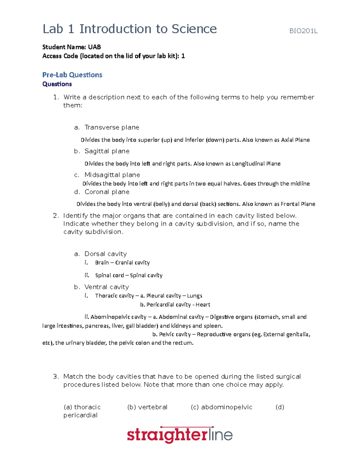 Anatomy and Physiology - Student Name: UAB Access Code (located on the ...