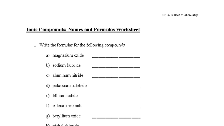 SNC2D Unit 2: Chemistry - Ionic Compounds Names & Formulas Worksheet ...