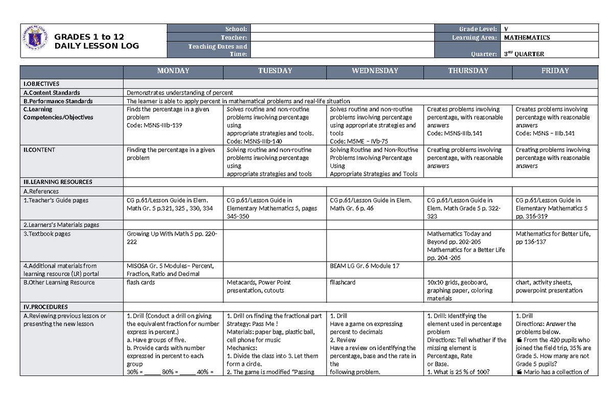 DLL Mathematics 5 Q3 W2: Daily Lesson Log on Percentages - Studocu