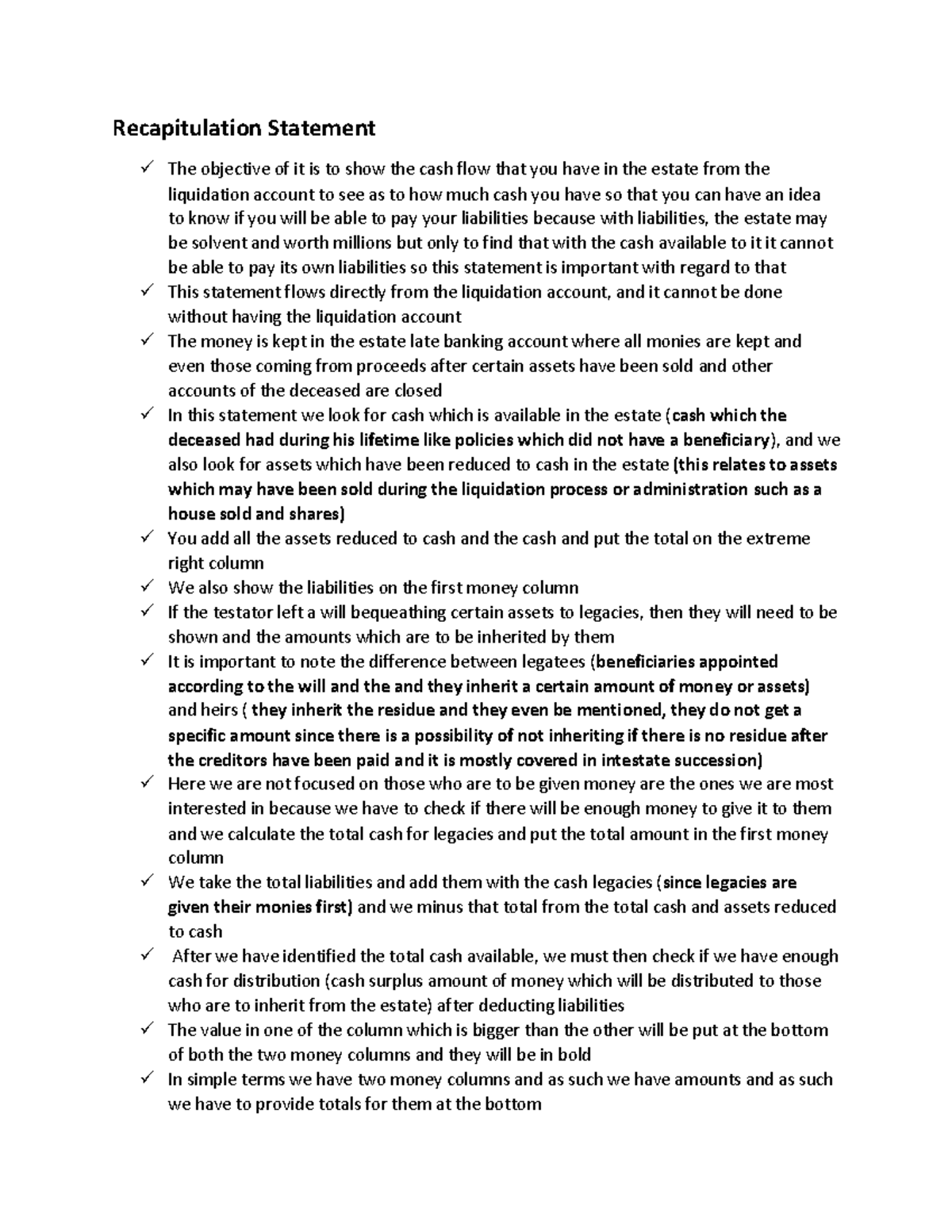 Recapitulation Statement: Cash Flow Analysis for Estate Liabilities ...