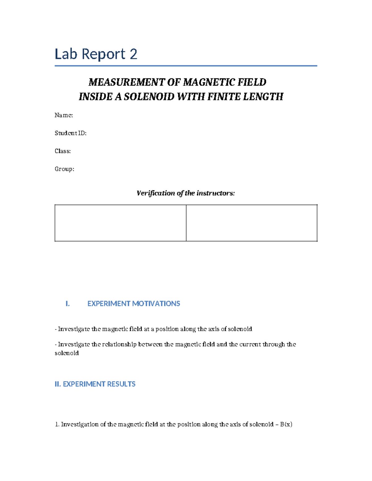 Lab Report 2: Measurement of Magnetic Field in a Solenoid - Studocu