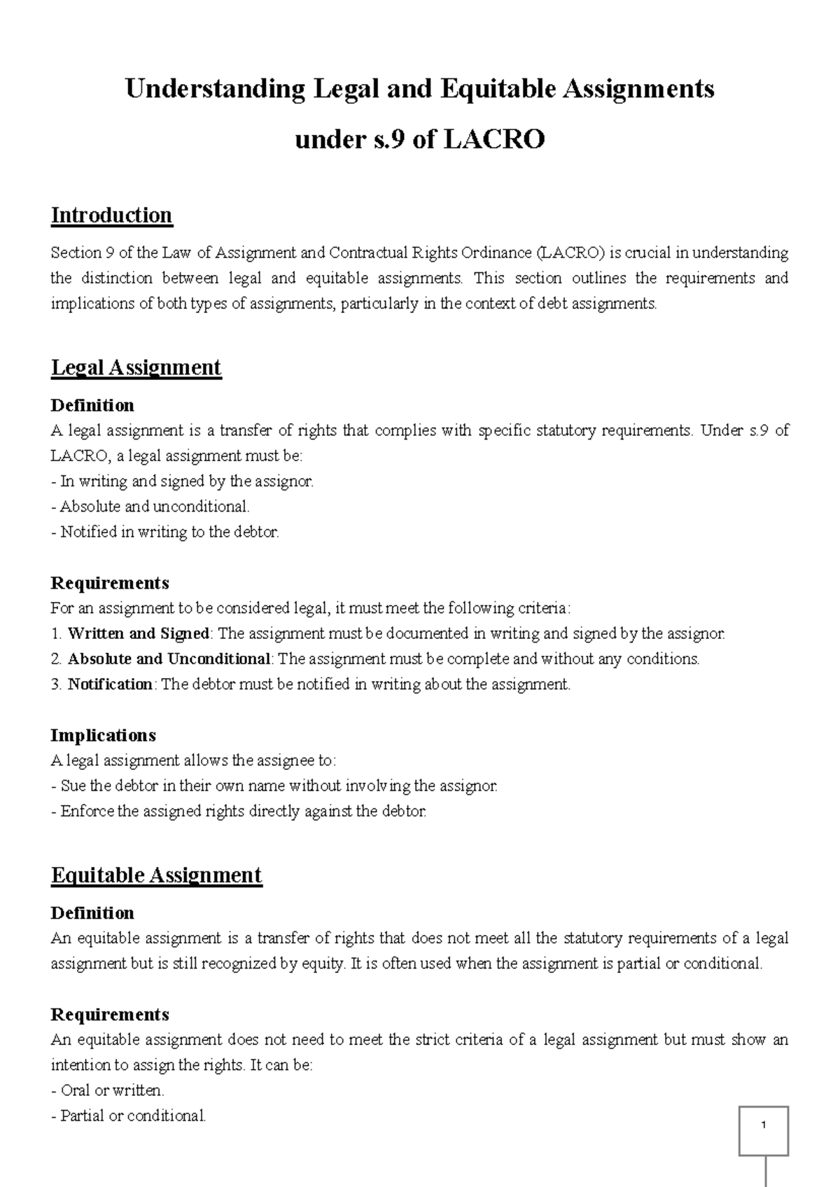 (Study Notes) LACRO S.9: Legal vs Equitable Assignments Explained - Studocu