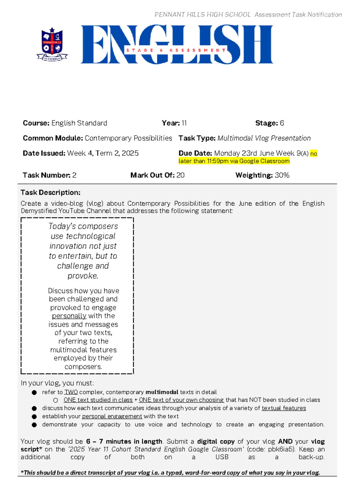 Y11 English Standard: Multimodal Vlog Task on Contemporary ...