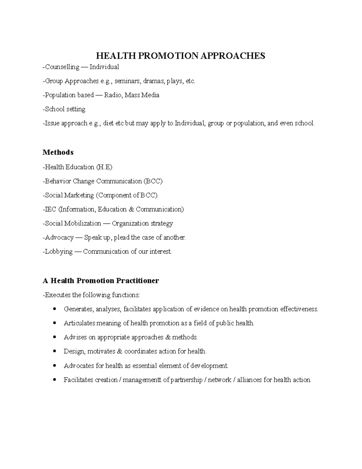 HEALTH PROMOTION STRATEGIES: Individual & Mass Media Approaches - Studocu
