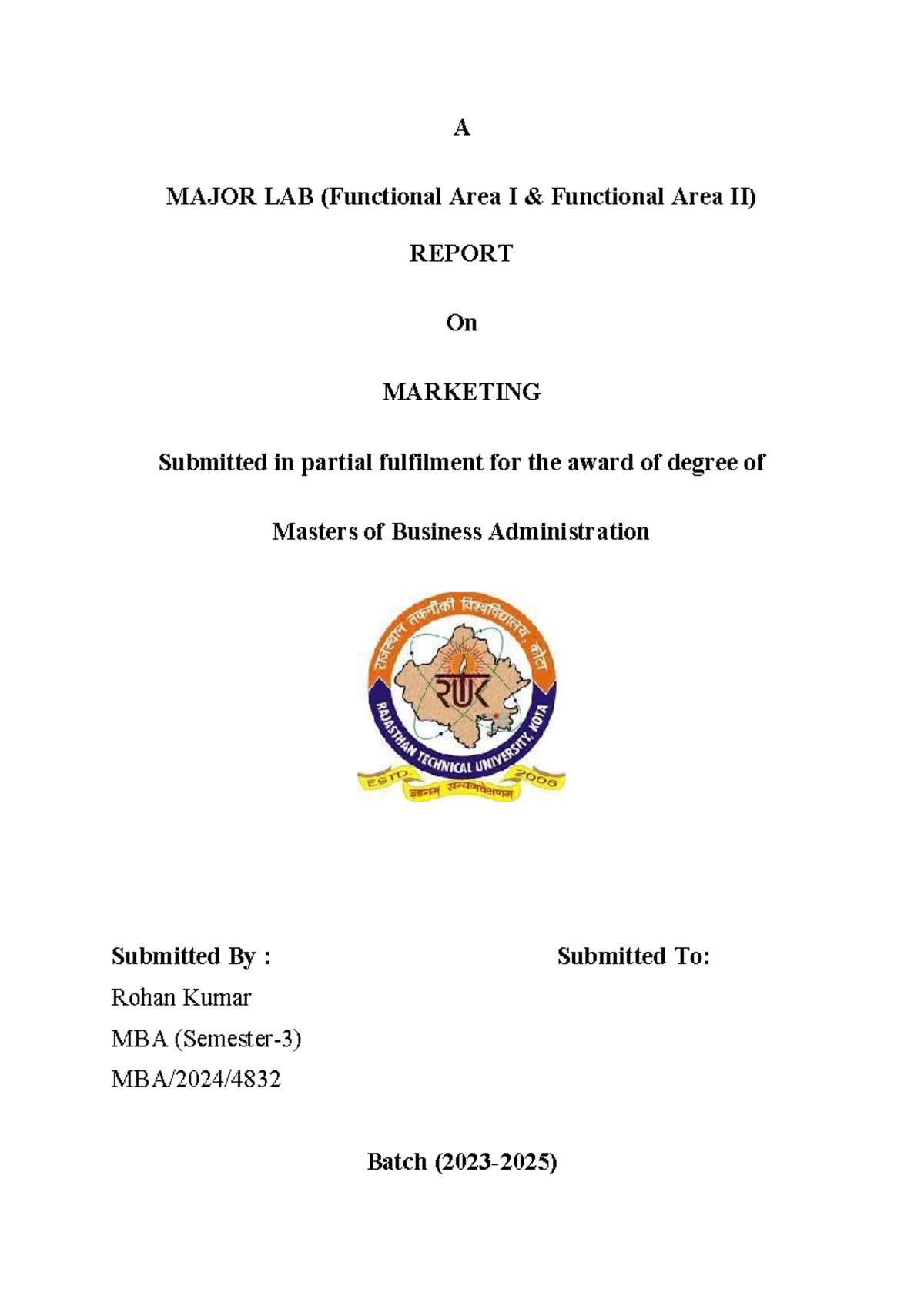 Marketing - Assignments on project work - A MAJOR LAB (Functional Area ...