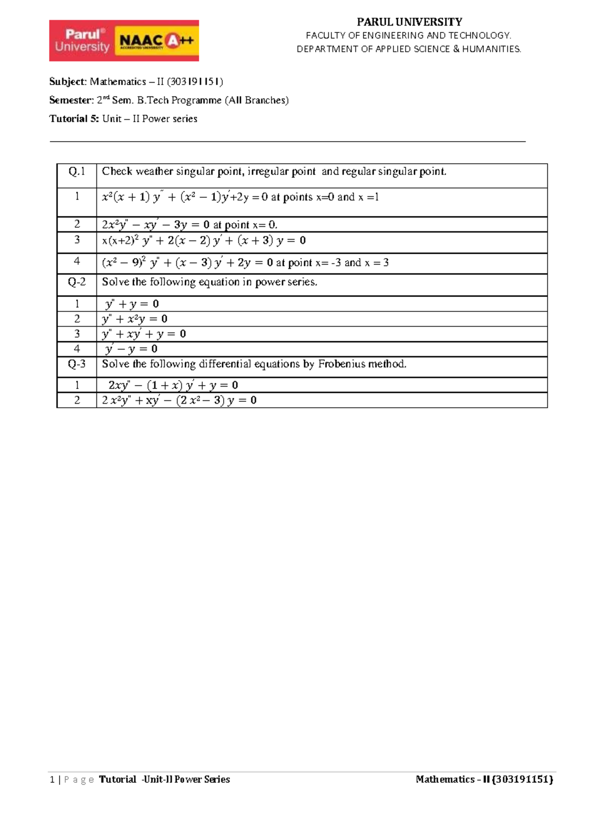 Mathematics II (303191151) Tutorial 5: Power Series Analysis - Studocu