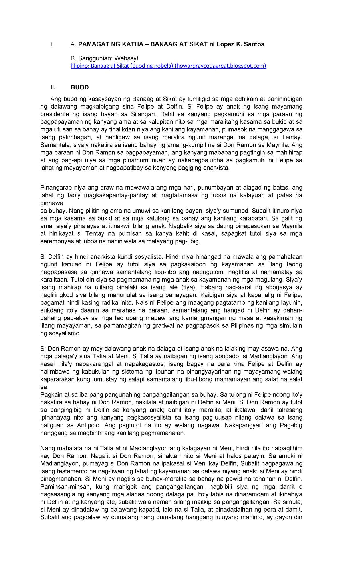"Banaag at Sikat: Isang Pagsusuri sa Nobela ni Lope K. Santos" - Studocu