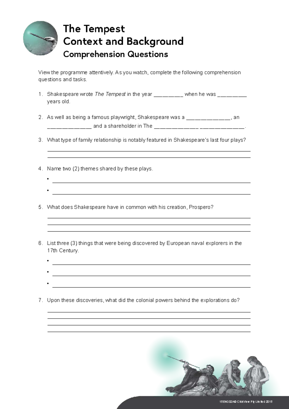 18ENG02A The Tempest Context & Comprehension Questions - Studocu