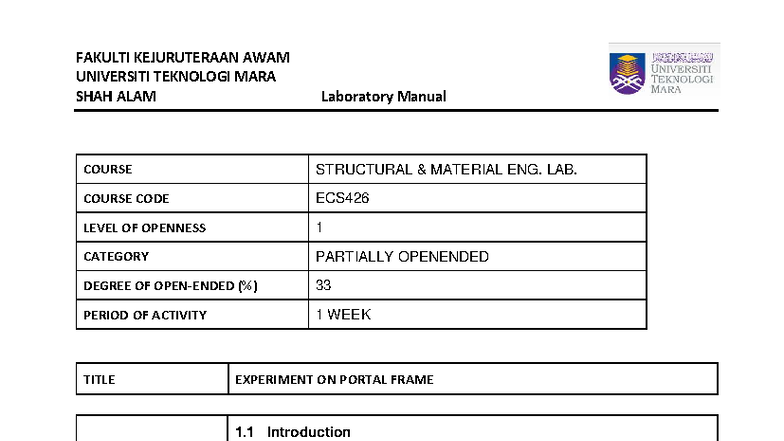 7 Deflection OF Portal Frame Level 1 - UNIVERSITI TEKNOLOGI MARA SHAH ALAM Laboratory Manual ...