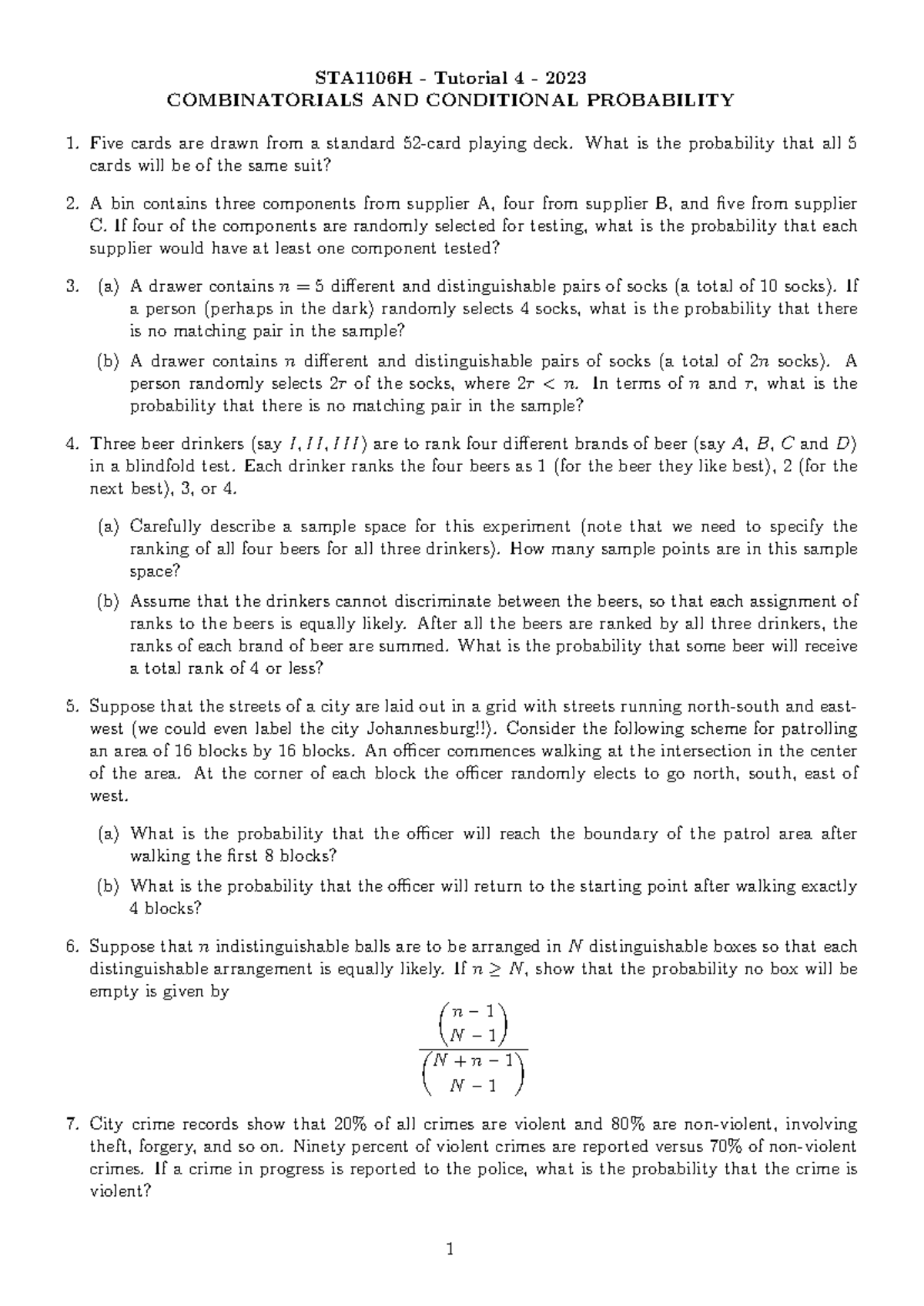 Tutorial 4 - Combinatorials and Conditional Probability 2023 - STA1106H ...