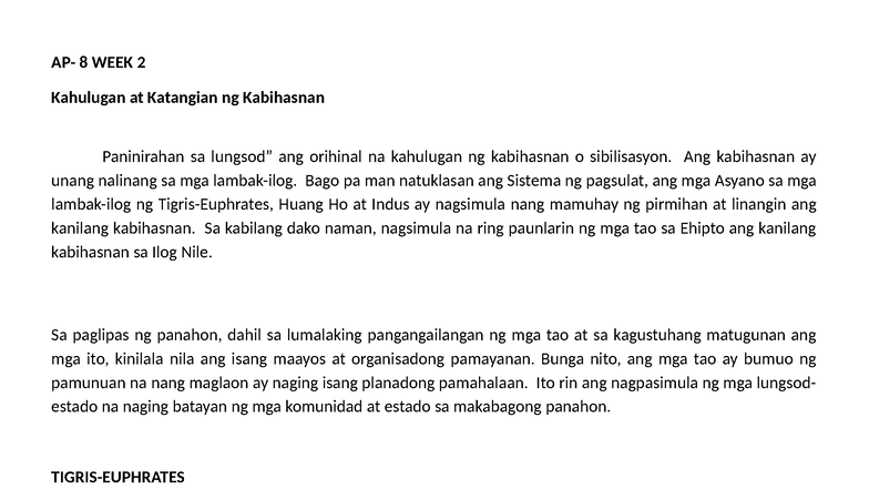 8 WEEK 2: Kahulugan at Katangian ng Kabihasnan at Paninirahan - Studocu
