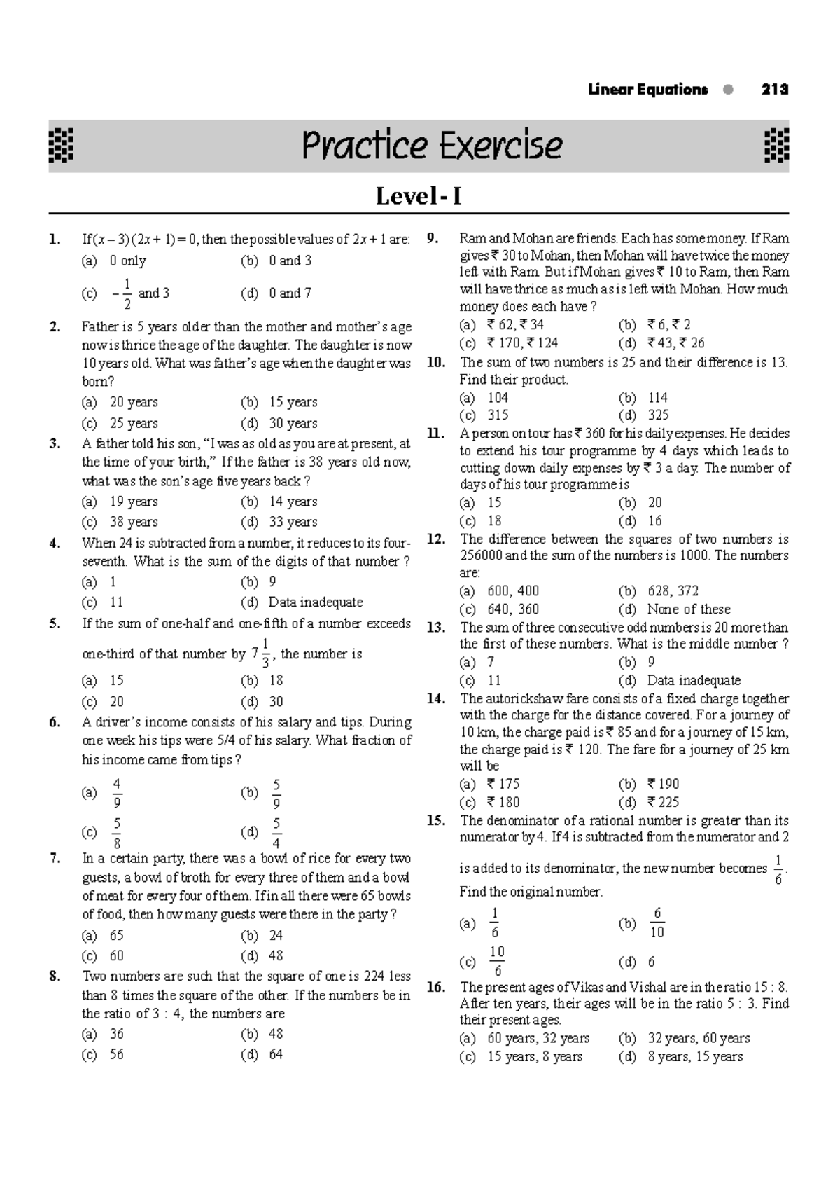 Linear Equations l 213 Practice Questions with Options - Studocu