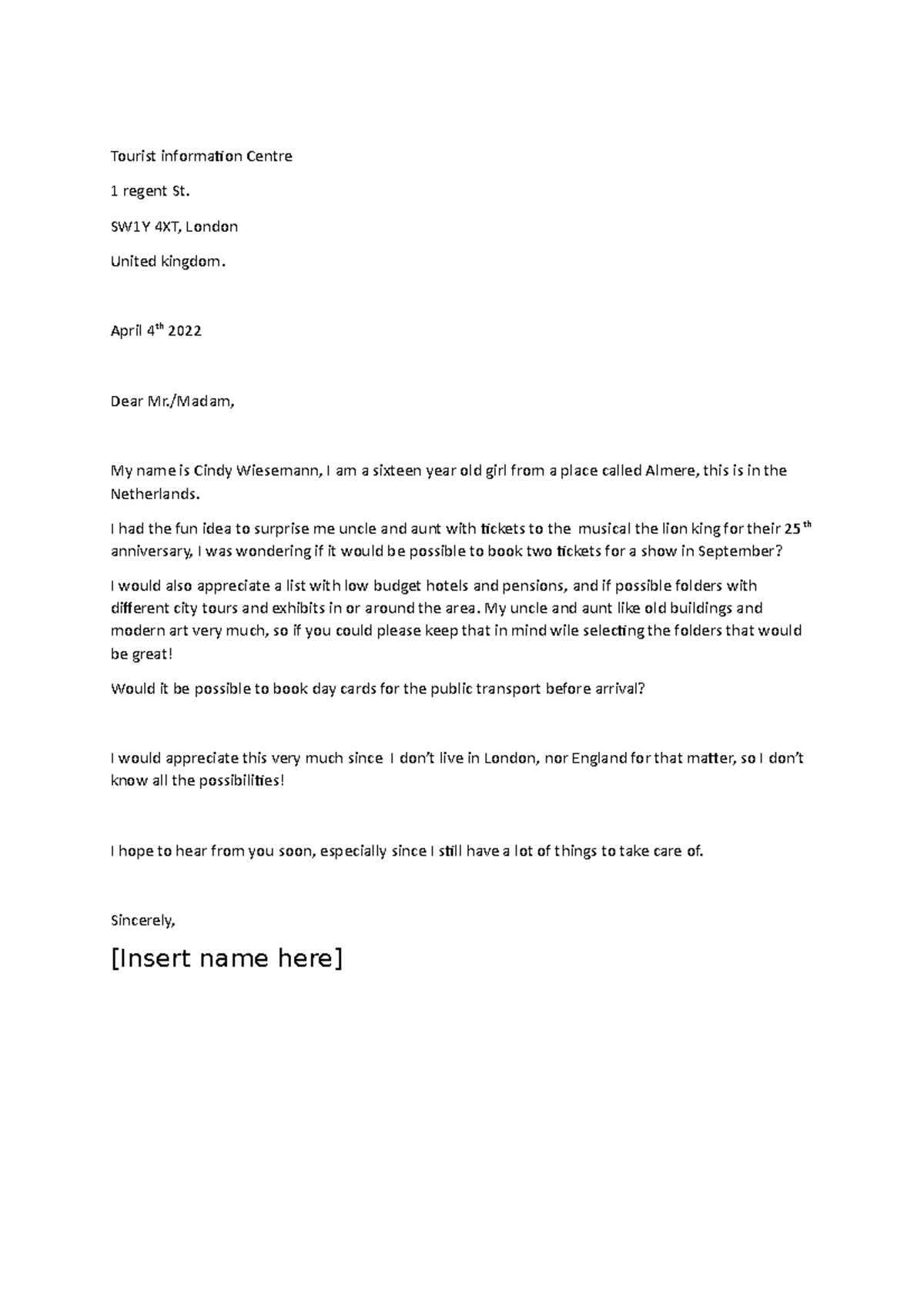 ENG101 Formal Letter Writing Exercise - Tourist Inquiry - Studeersnel