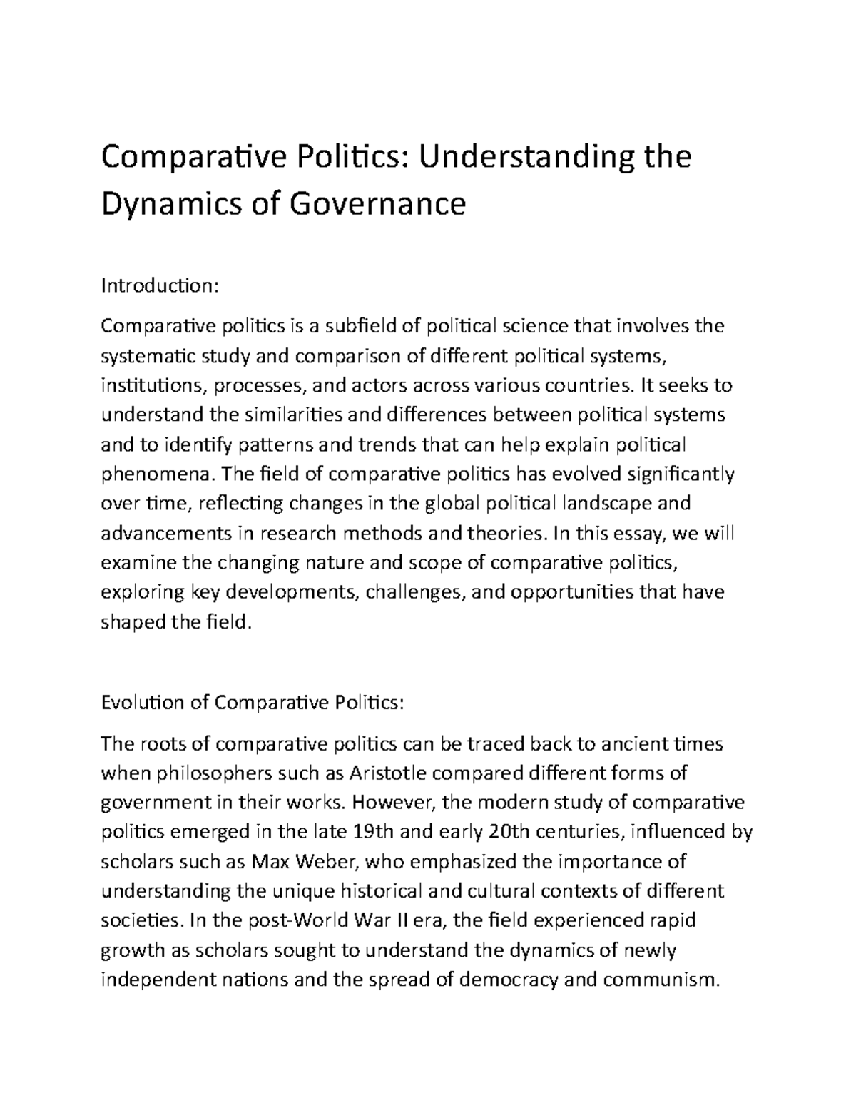 Comparative Politics - It seeks to understand the similarities and ...