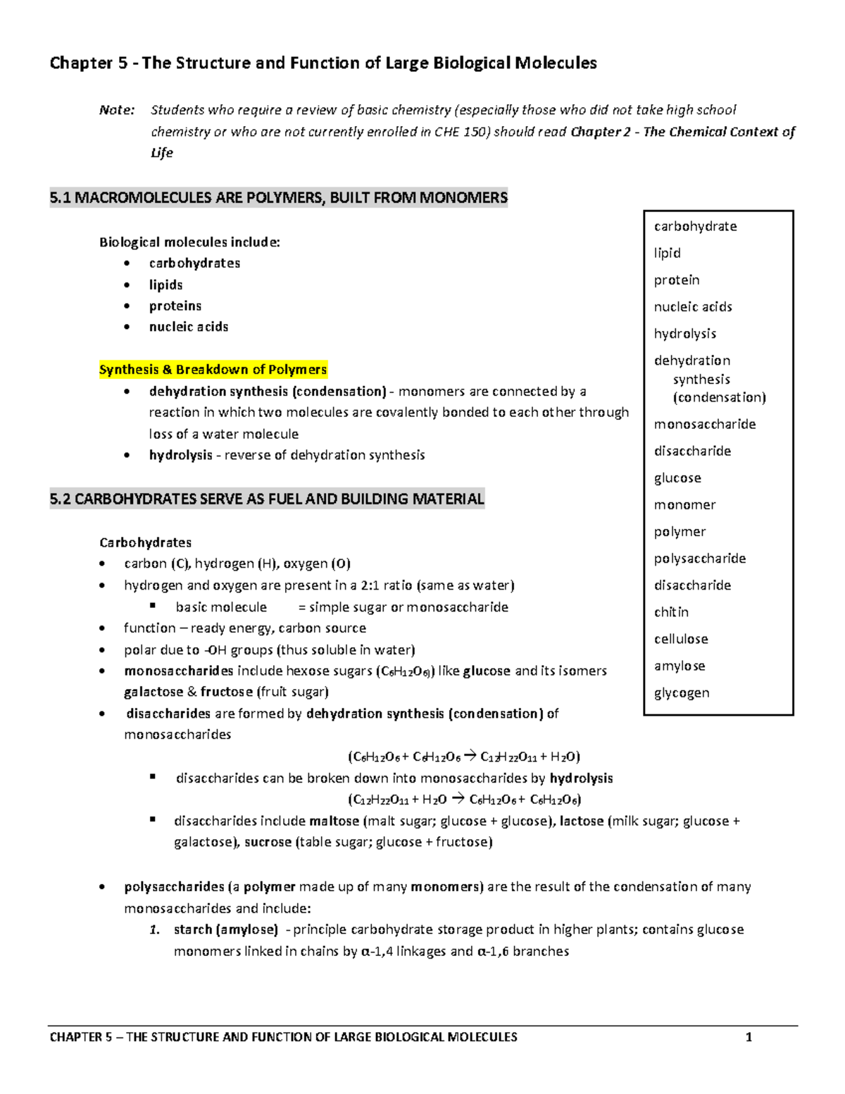 Chapter 5: Structure & Function of Large Biological Molecules - Studocu
