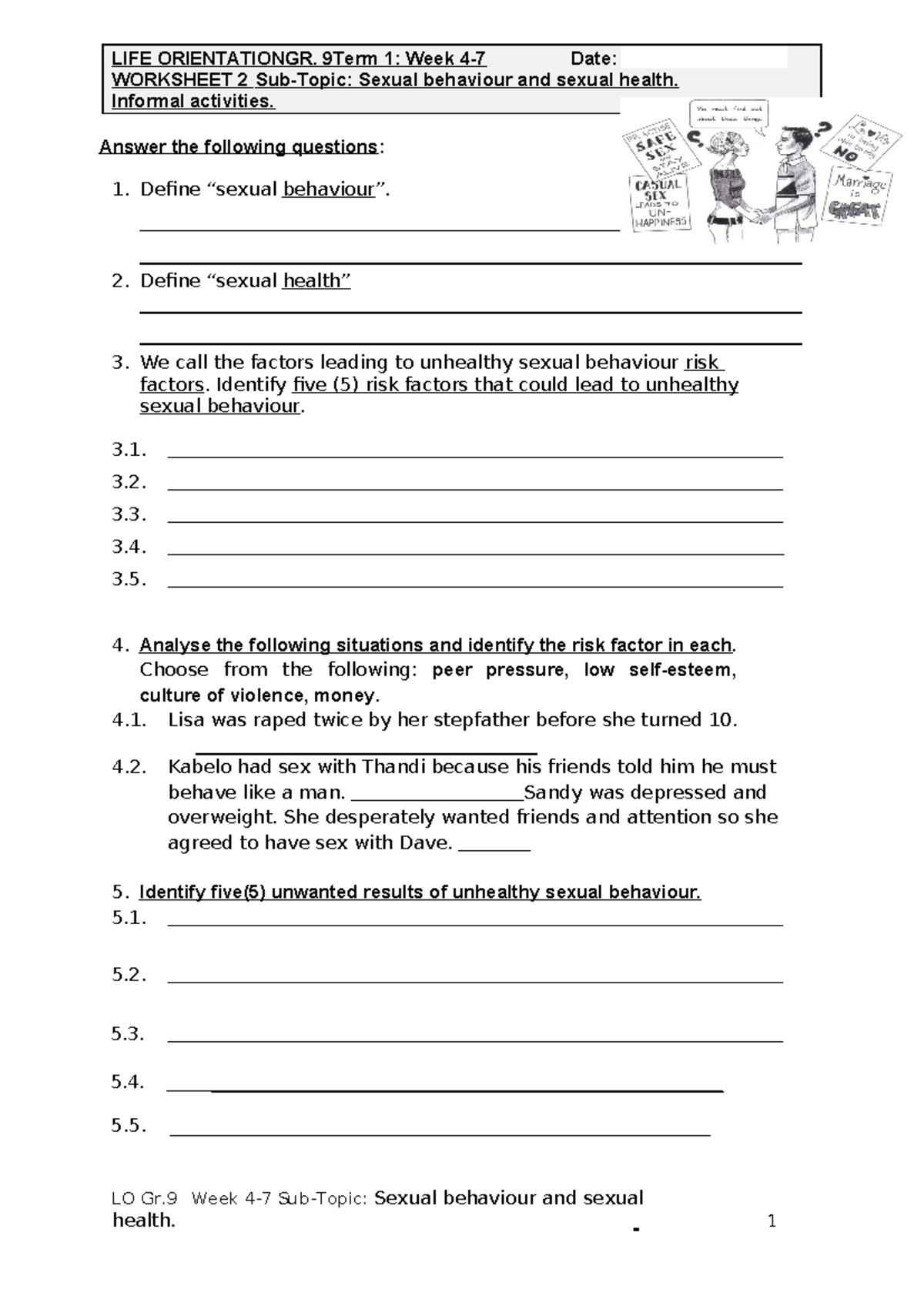 LO Gr. 9 Term 1: Week 2 Worksheet on Sexual Behaviour & Health - Studocu
