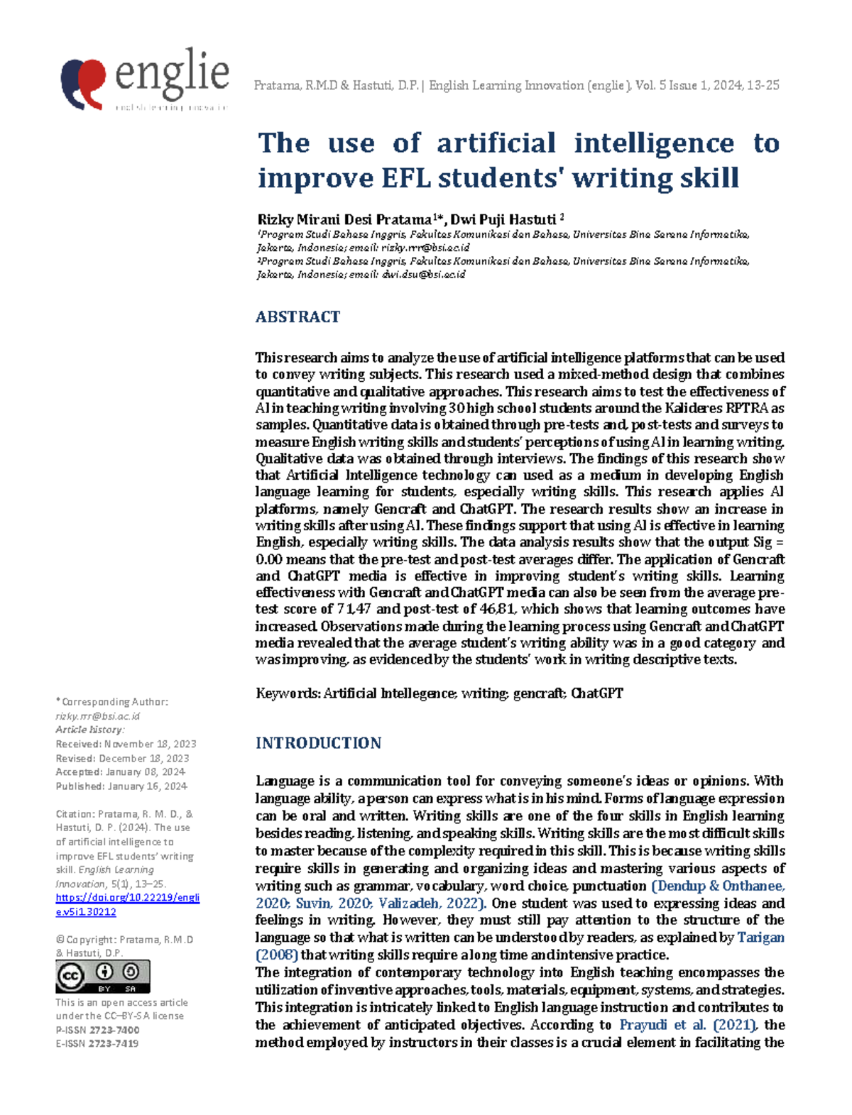 Enhancing EFL Students' Writing Skills with AI: A Study on Gencraft ...