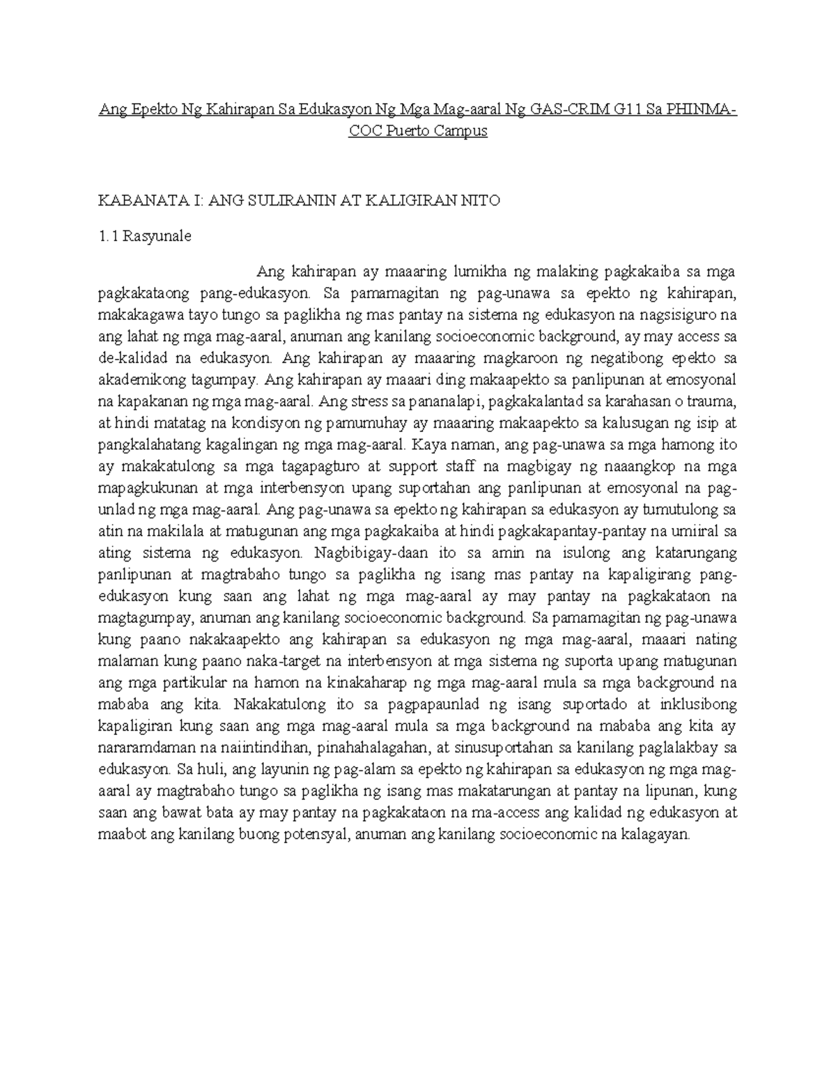 Ang Epekto ng Kahirapan sa Edukasyon ng mga Mag-aaral ng GAS-CRIM G11 sa PHINMA-COC Puerto ...