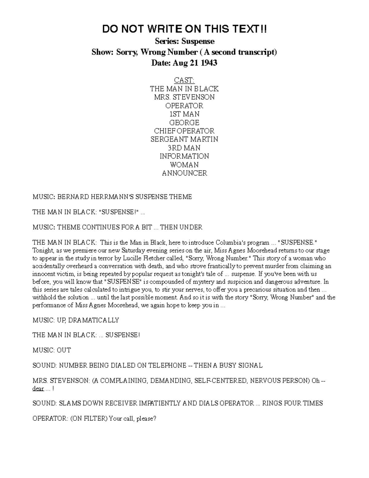 Sorry, Wrong Number: A Suspenseful Radio Play Transcript - Studocu
