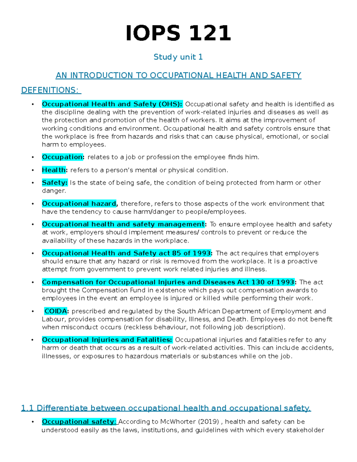 IOPS 121 - Introduction to Occupational Health & Safety Notes - Studocu
