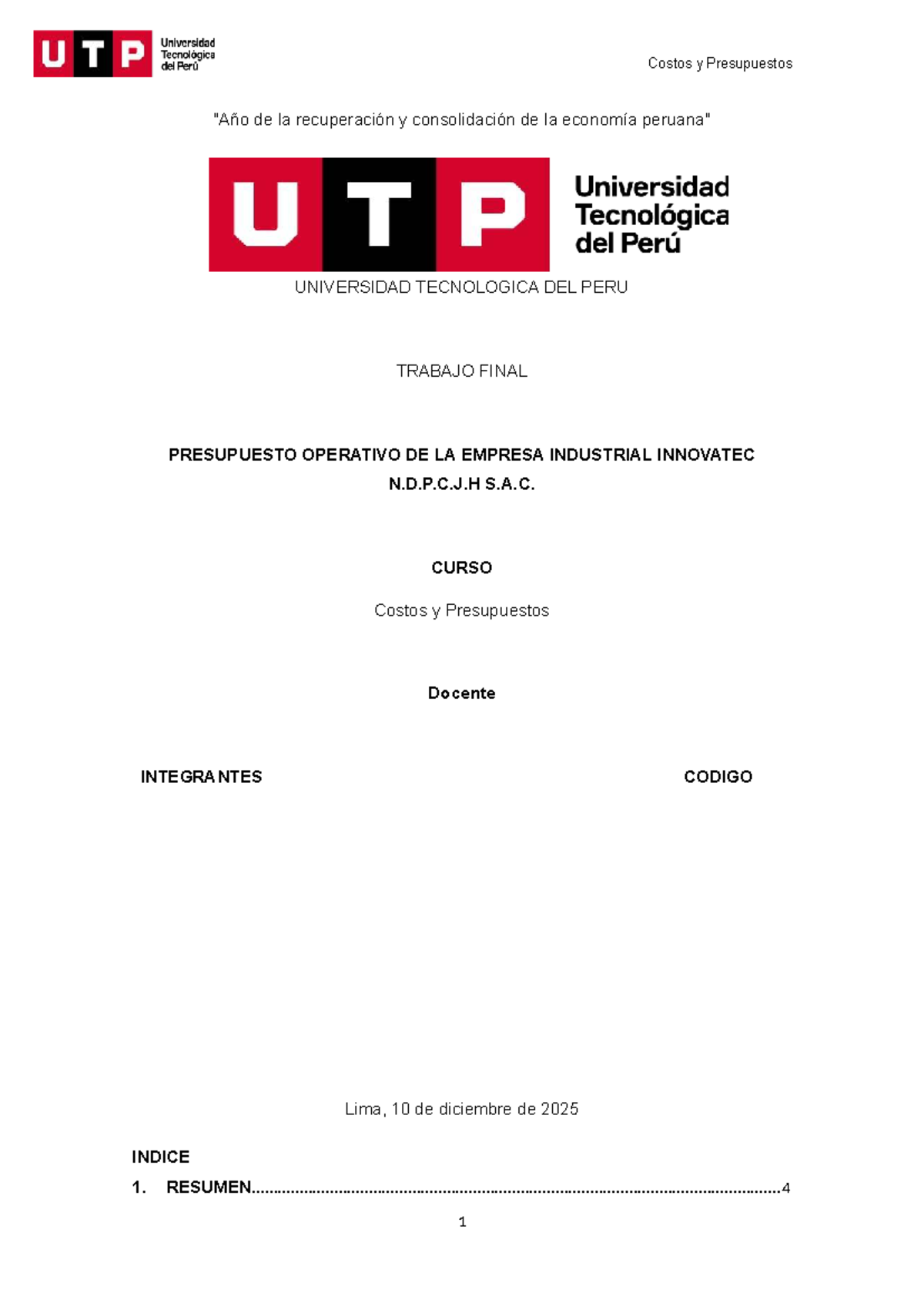 Presupuesto Operativo de Innovatec N.D.P.C.J.H S.A.C. - Curso Costos y ...